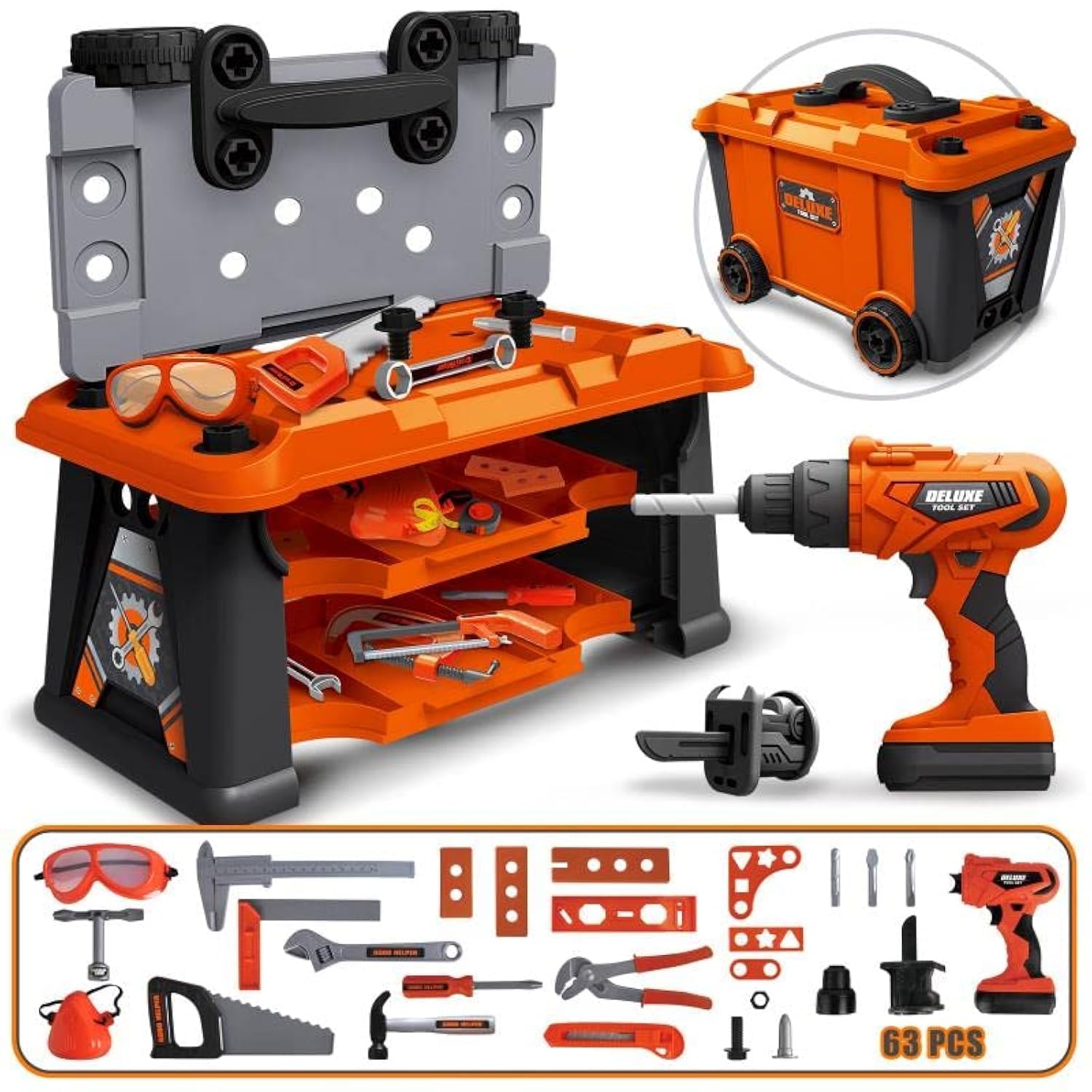Kids Tool Set, 63 Piece Toddler Tool Set with Tool Box & Electric Toy Drill, Pretend Play Tools ...
